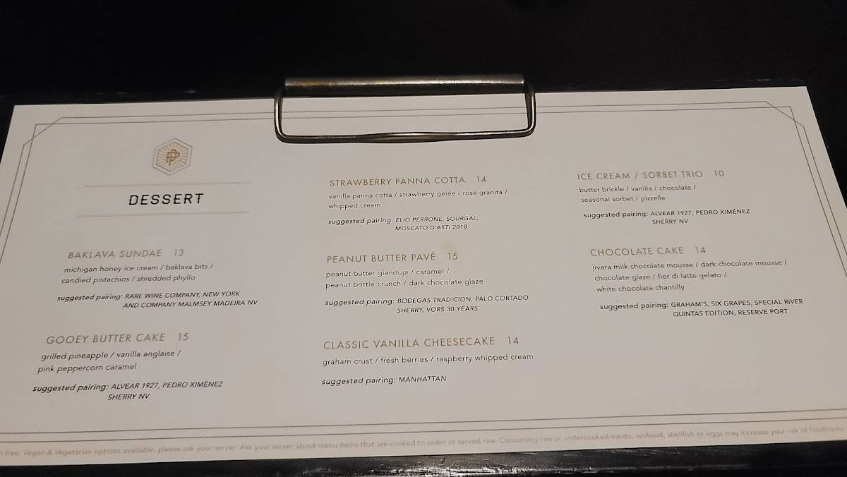 Menu at Prime + Proper steakhouse, Detroit
