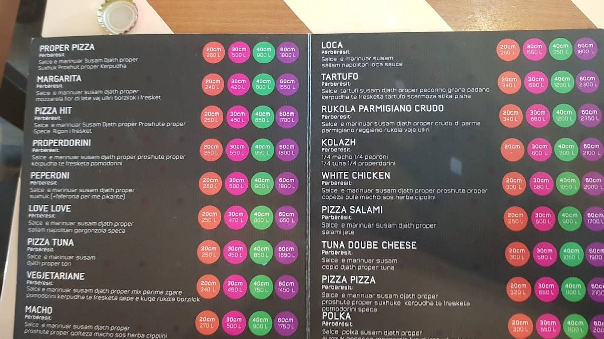 Menu at Proper Pizza "Stadiumi Dinamo" restaurant, Tirana, Gjin Bue Shpata