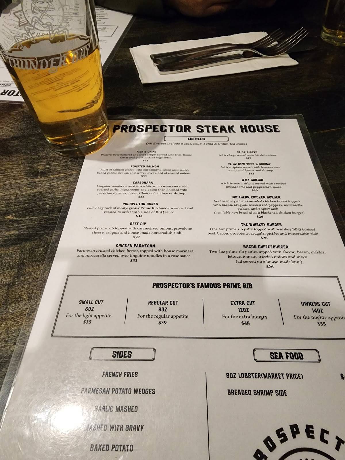 Menu at Prospector Steak House steakhouse, Thunder Bay
