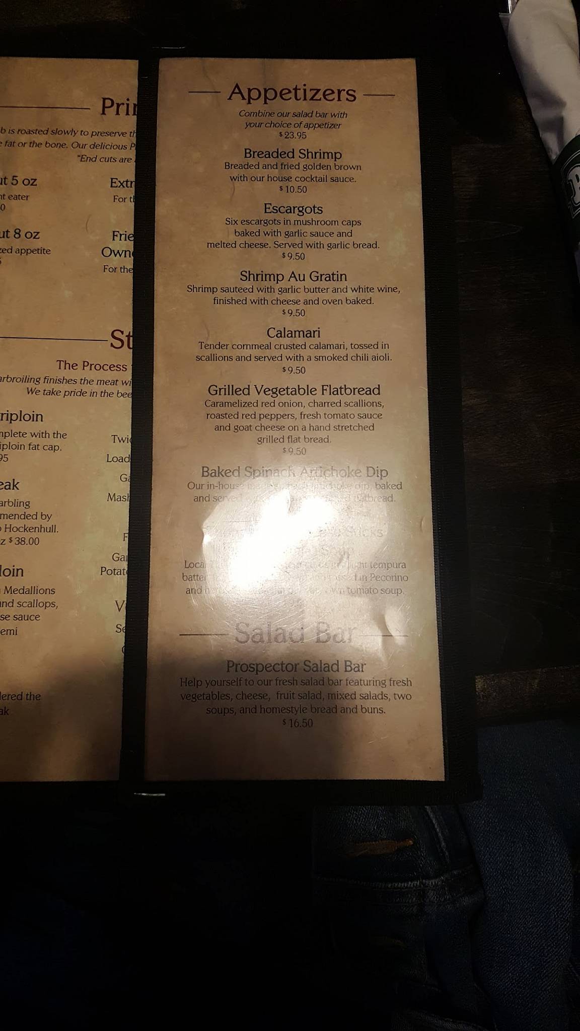 Menu at Prospector Steak House steakhouse, Thunder Bay