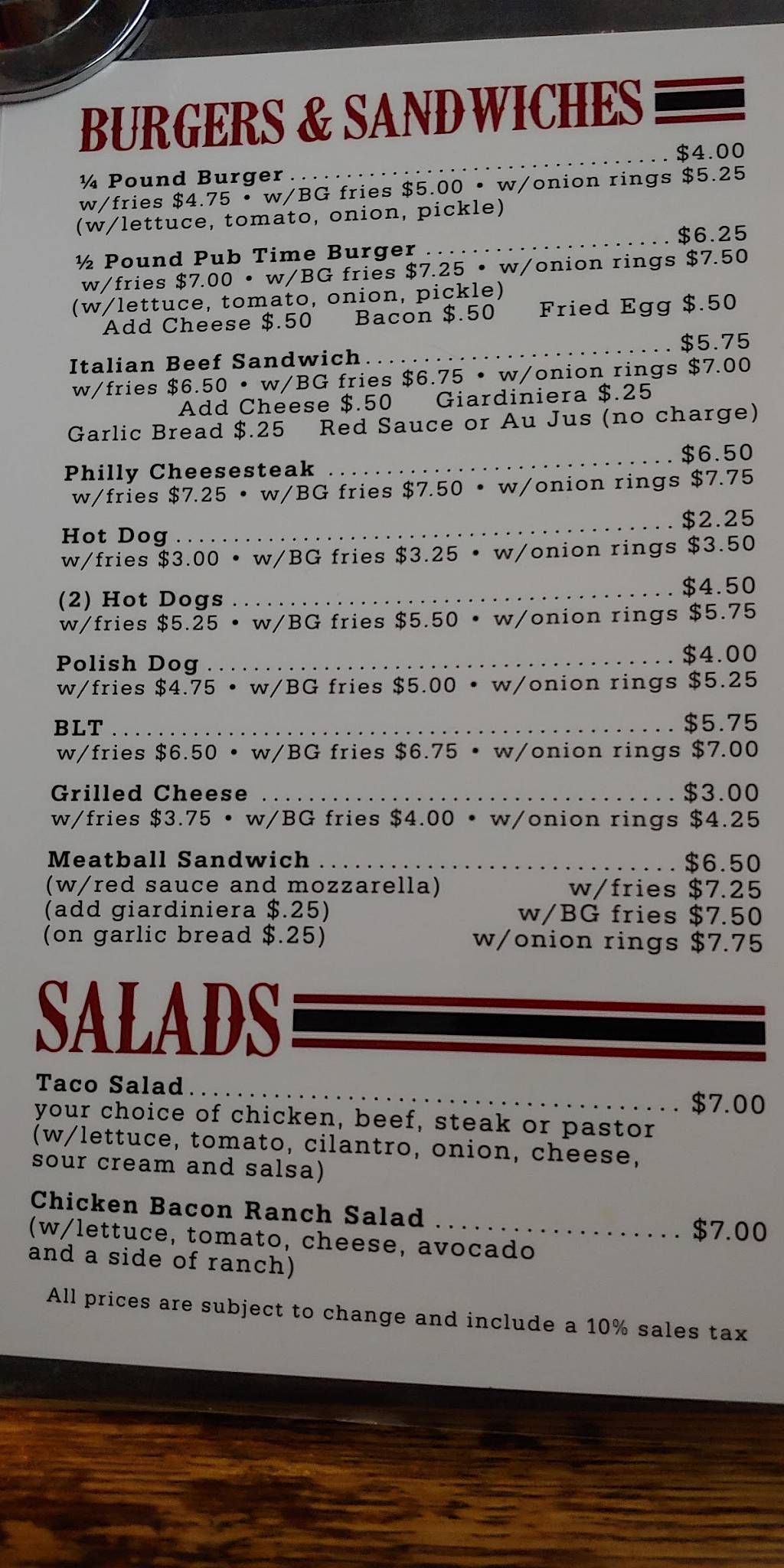Menu at Pub Time, Blue Island