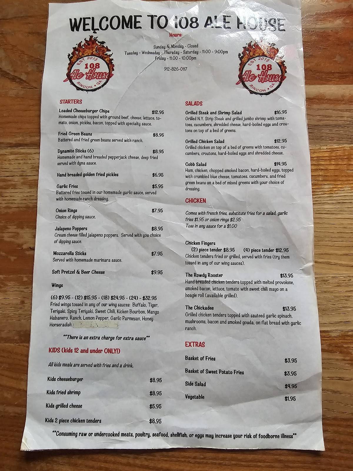 Menu at 108 Ale House pub & bar, Rincon