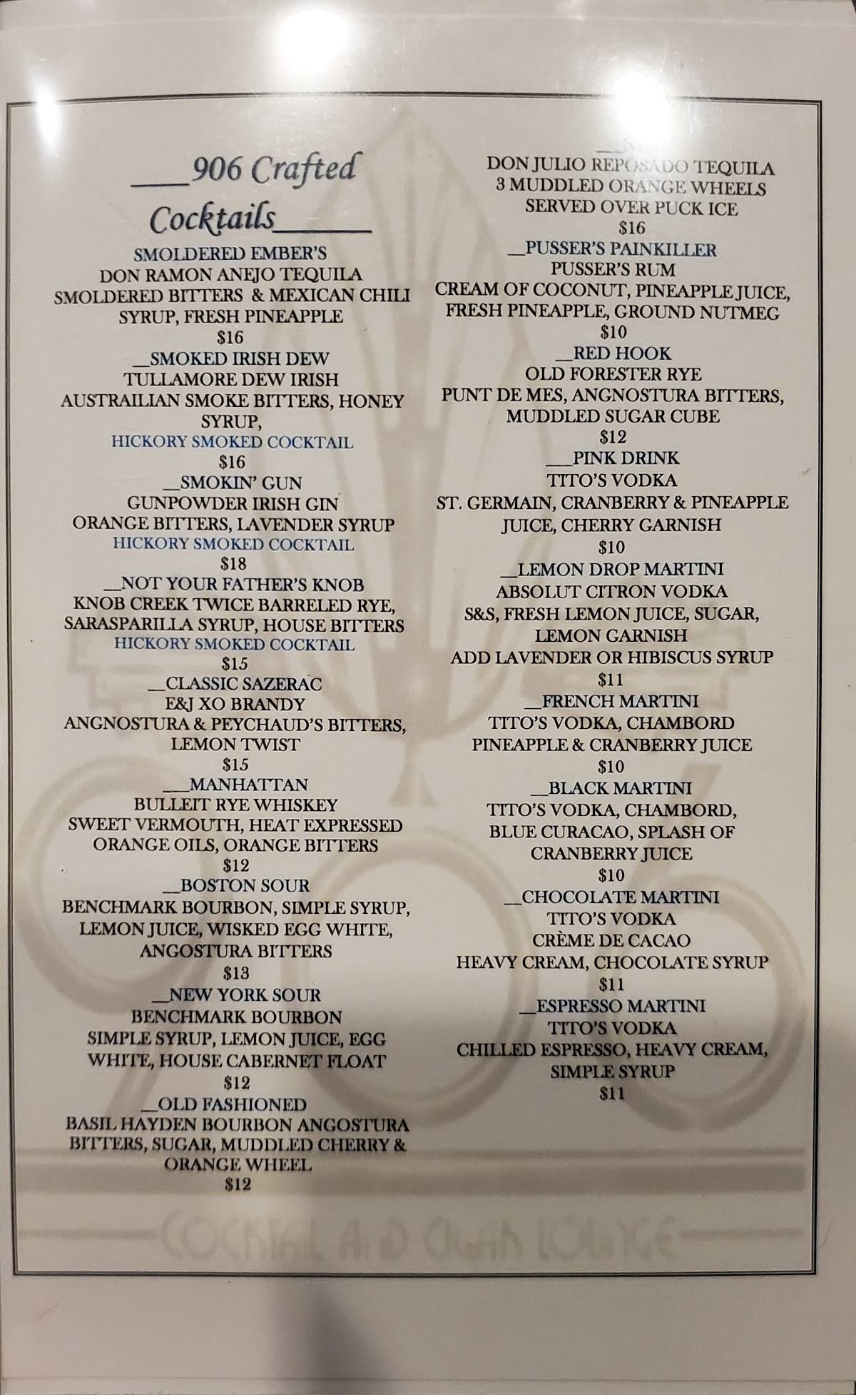 Menu at 906 Cocktail and Cigar Lounge pub & bar, Fort Smith