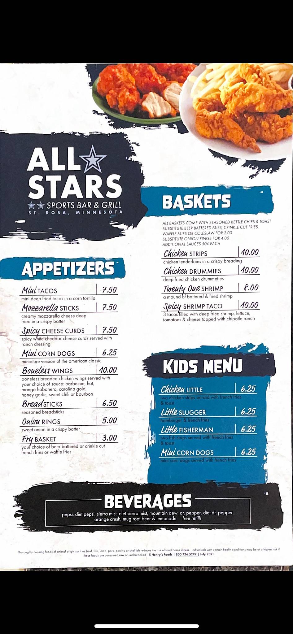 Menu at All Stars Sports Bar & Grill, Saint Rosa