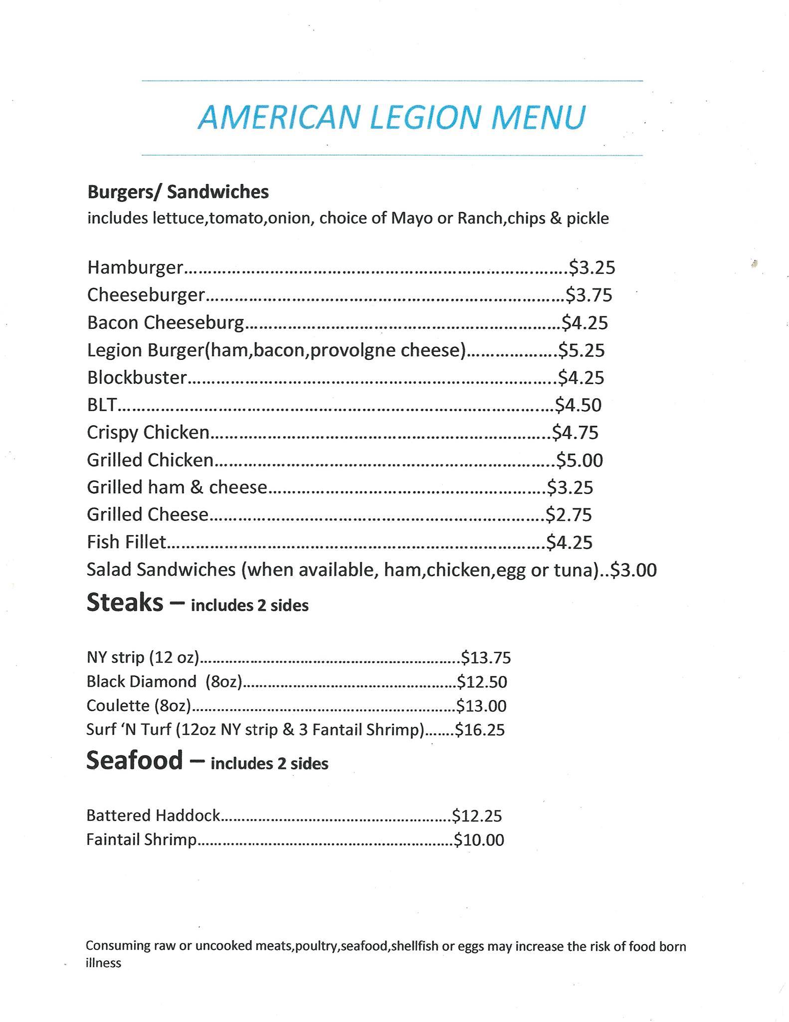 Menu at American Legion Post 223 pub & bar, Shippensburg