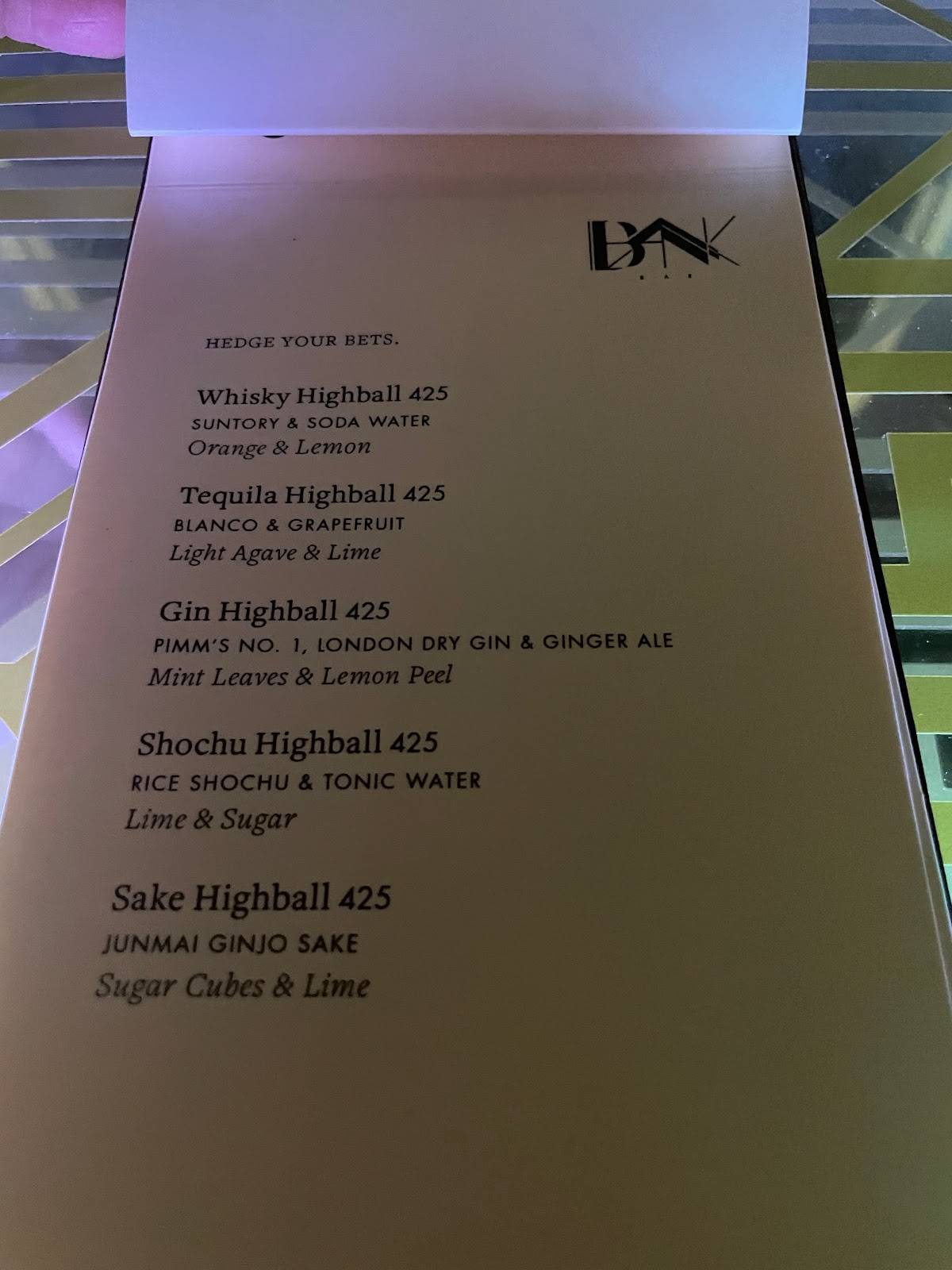 Menu at Bank Bar, Taguig