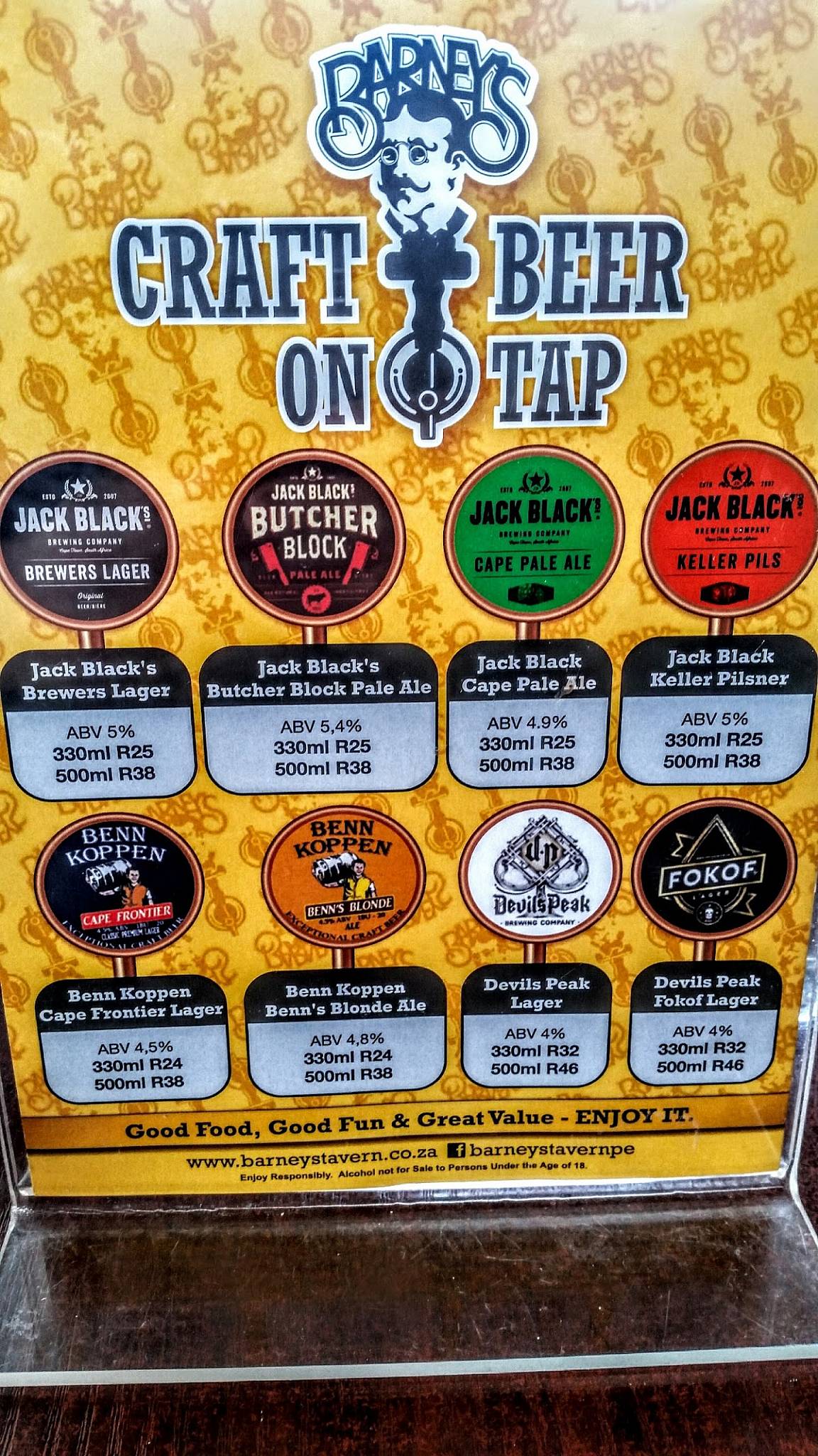 Menu at Barney's Tavern, Port Elizabeth
