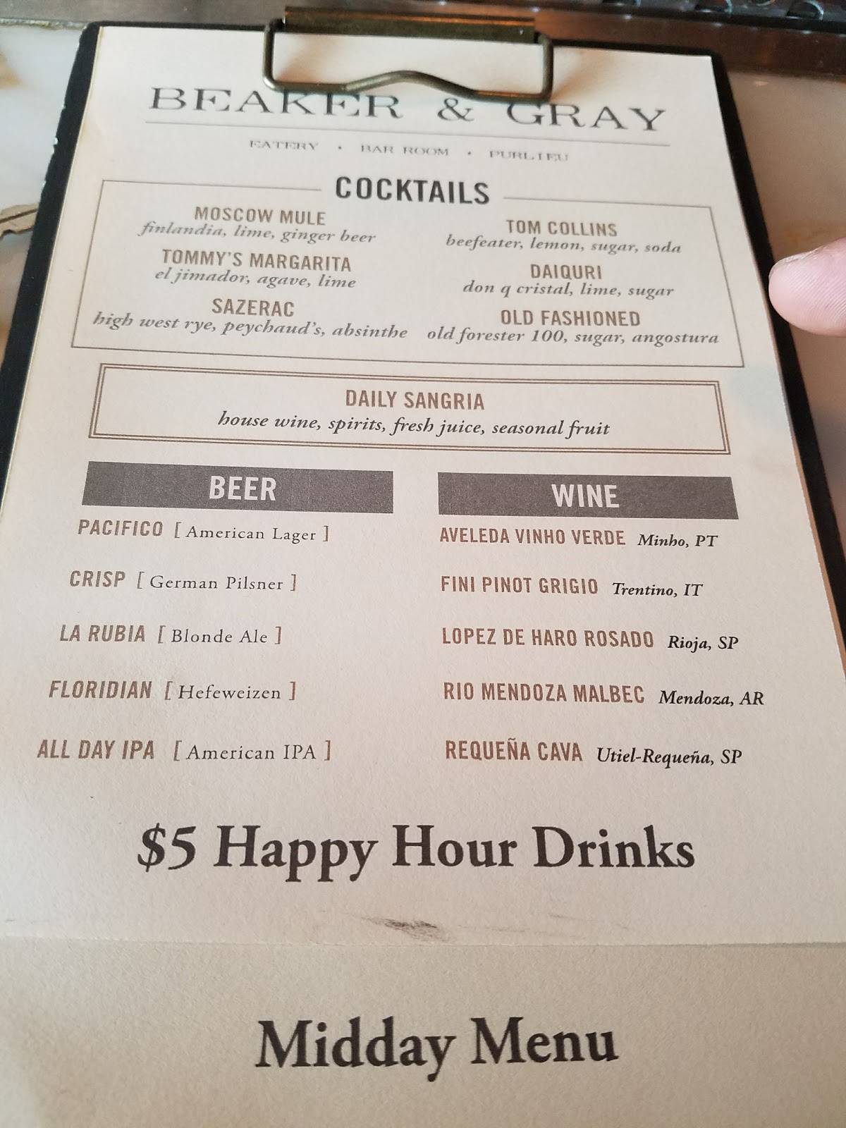Menu at Beaker & Gray pub & bar, Miami, N Miami Ave