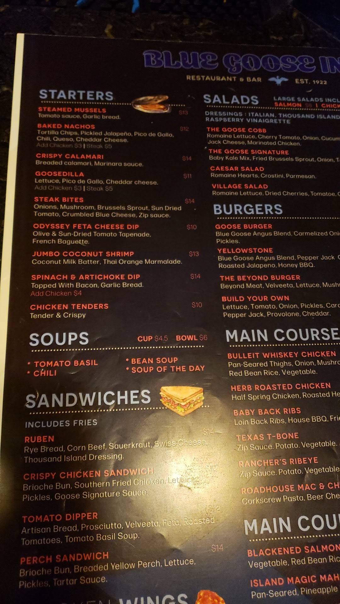 Menu at Blue Goose Inn pub & bar, Saint Clair Shores