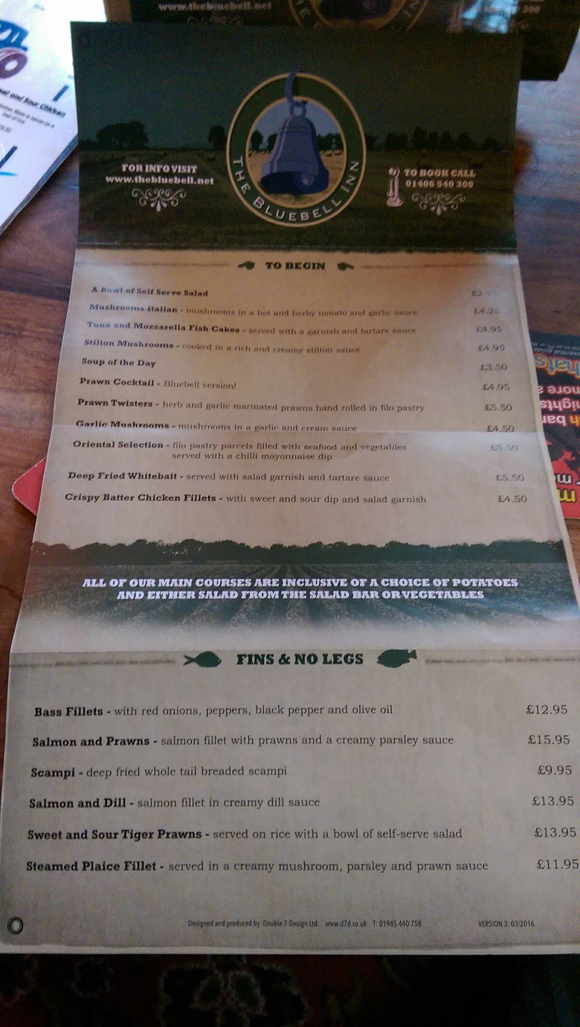 Menu at Bluebell Inn pub & bar, England, Cranesgate S