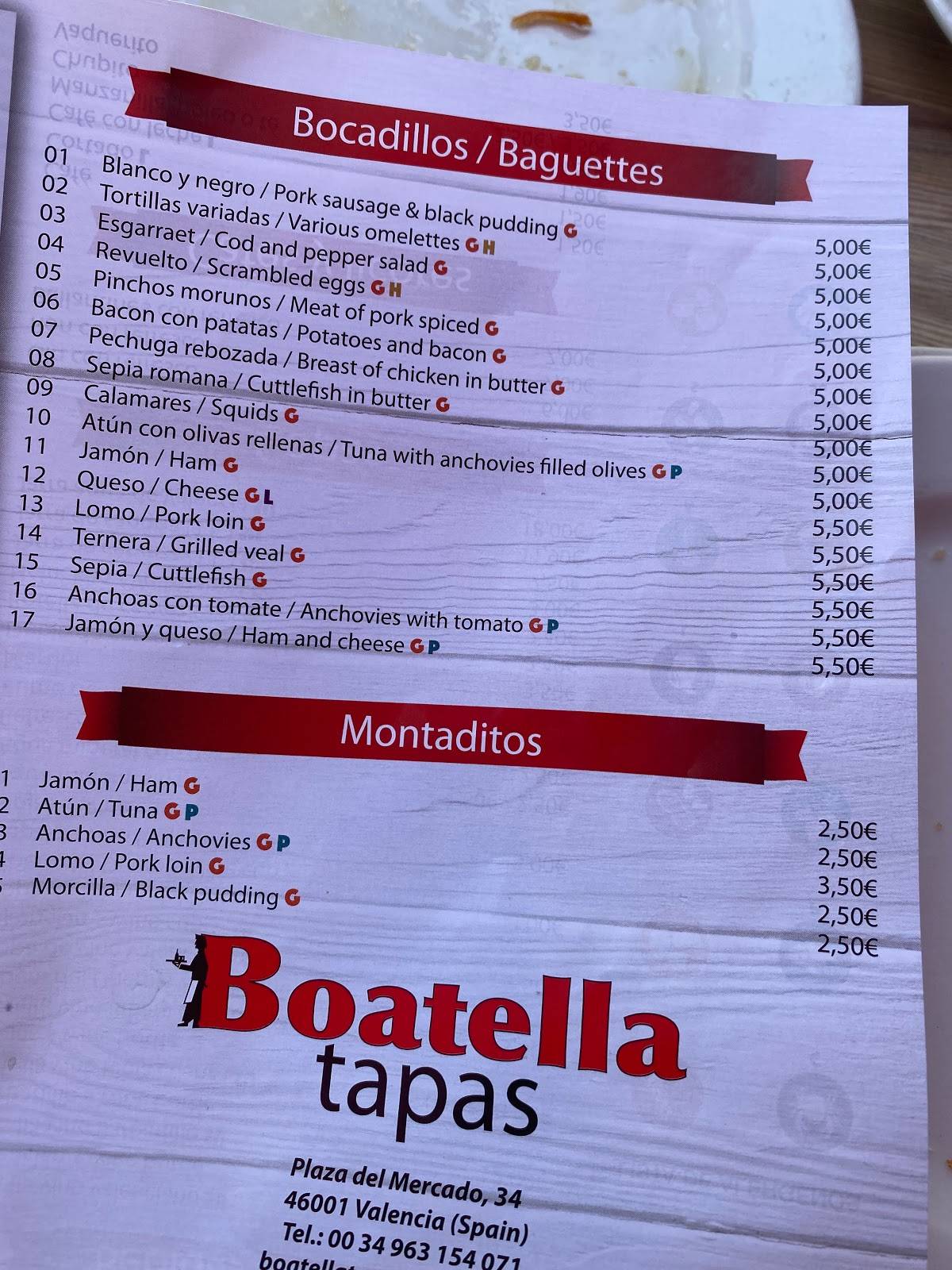 Menu at Tapas Boatella pub & bar, Valencia