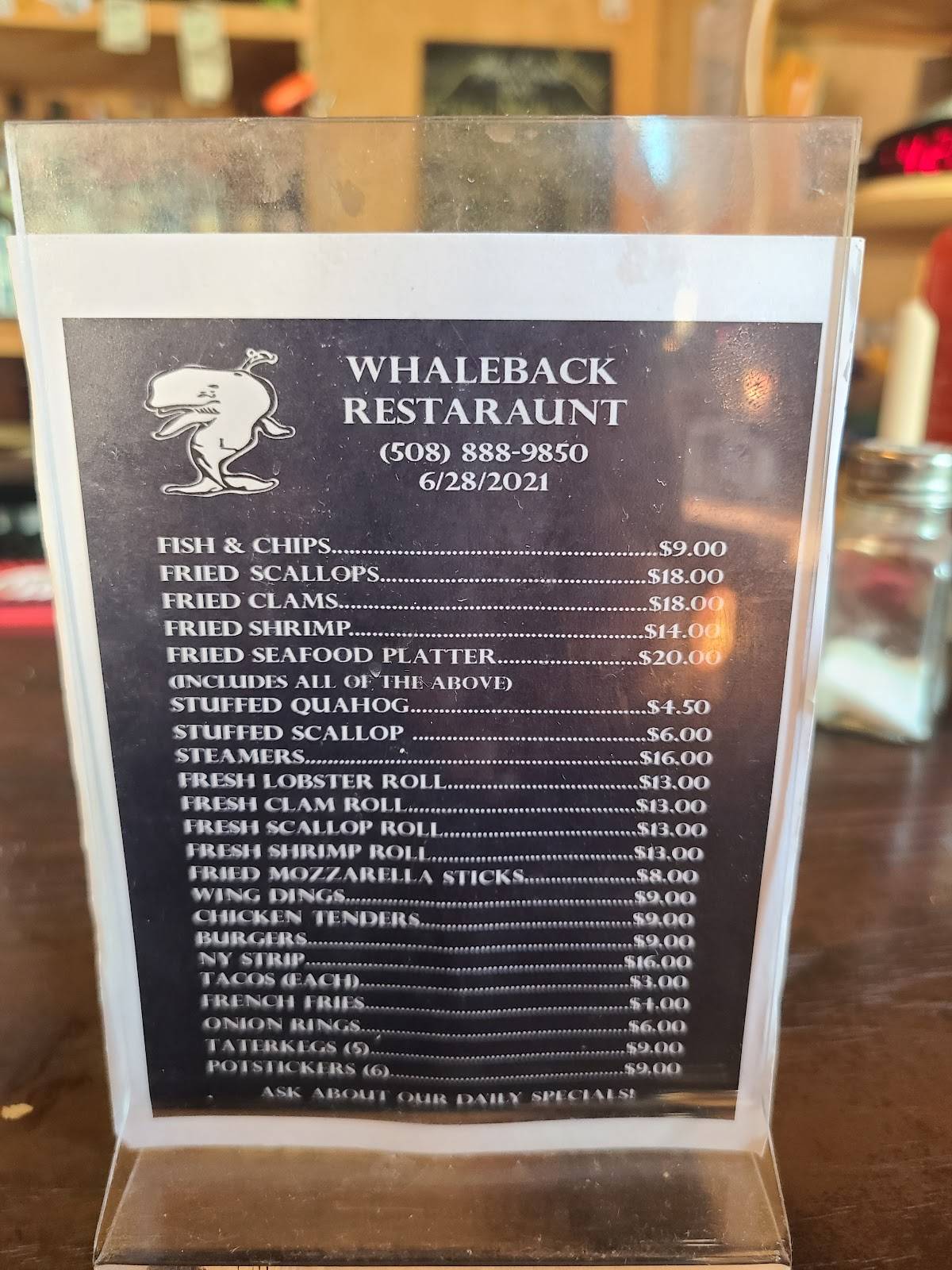 Menu at Bob O'Malley's Whaleback Restaurant, Bourne