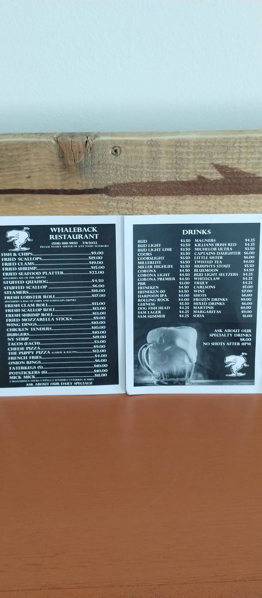 Menu at Bob O'Malley's Whaleback Restaurant, Bourne