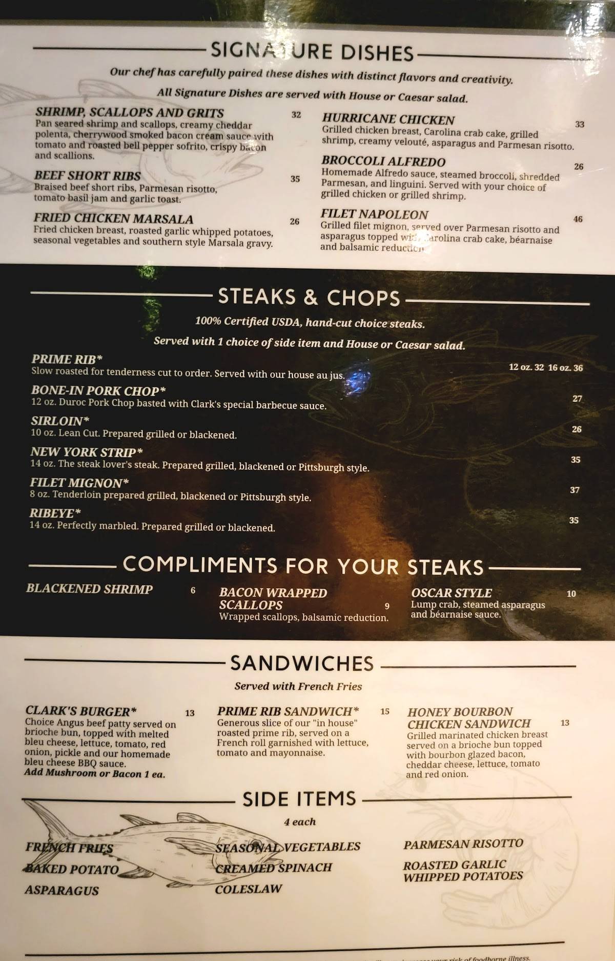 Menu at Clark's Seafood and Chop House pub & bar, Little River, 720 Hwy 17