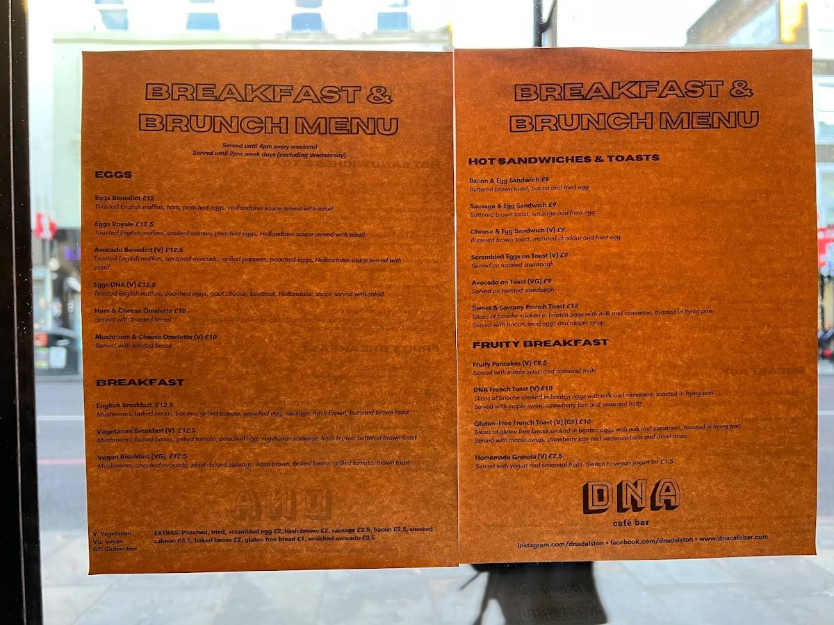 Menu at DNA Café Bar, London