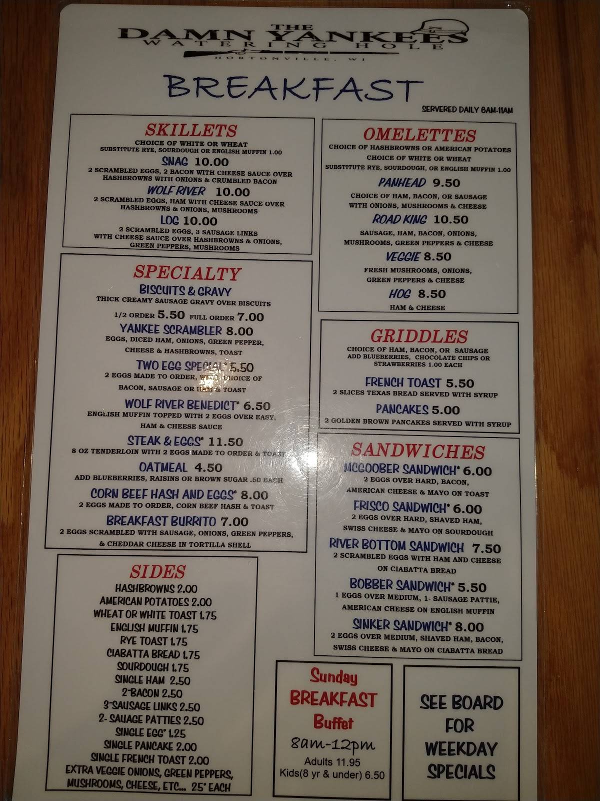 Menu at Damn Yankees Watering Hole pub & bar, Hortonville, N3517 County ...