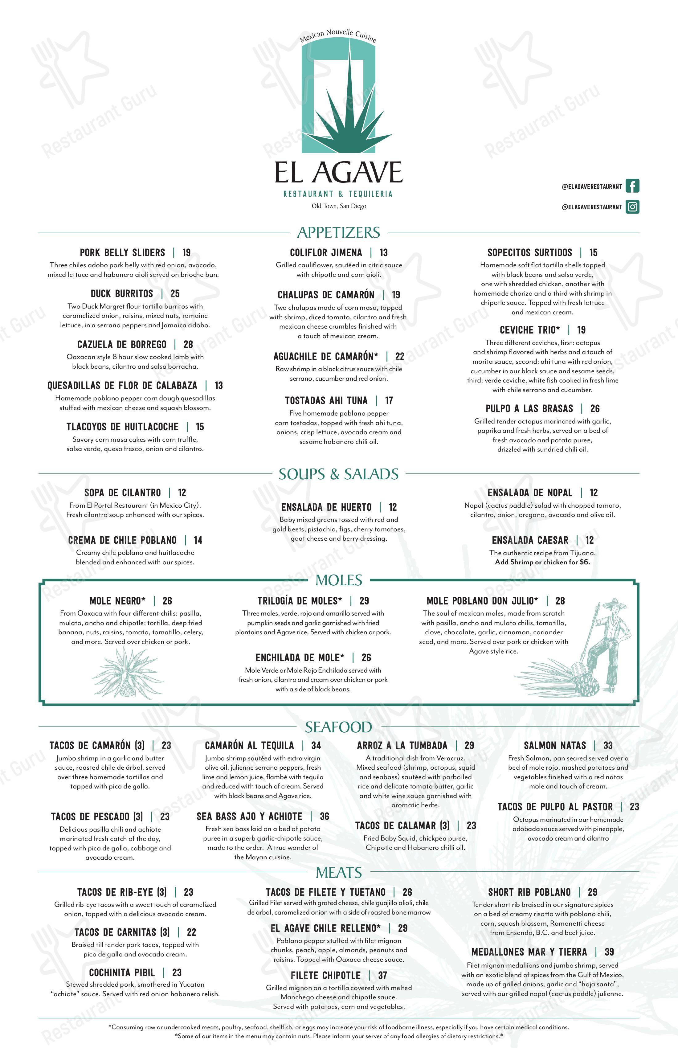 Menu at El Agave Restaurant & Tequileria, San Diego