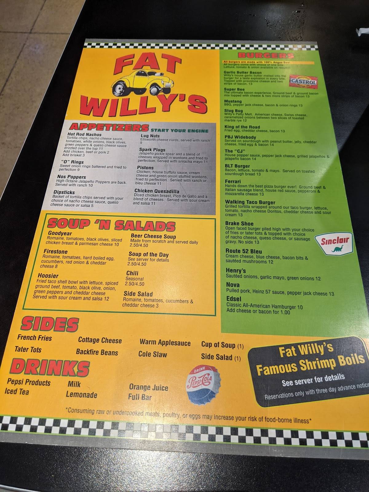 Menu at Fat Willy's pub & bar, Rochester
