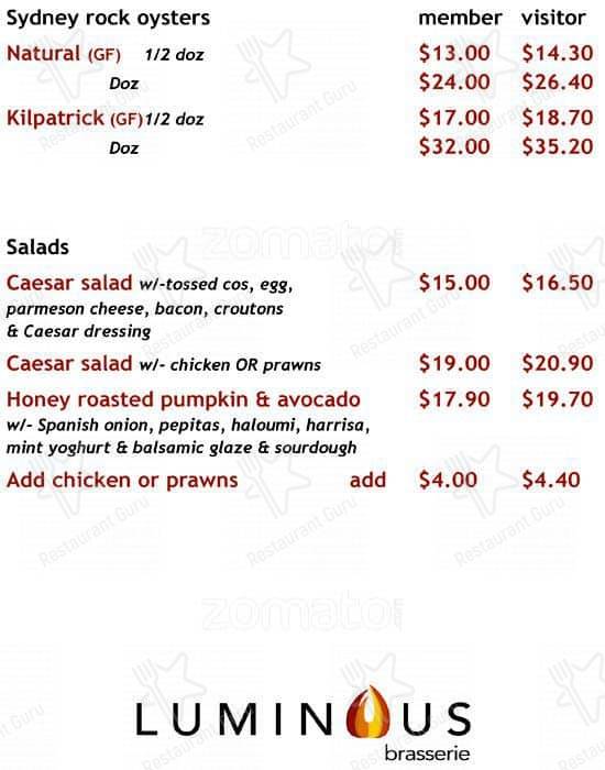 Menu at Gosford RSL Club, West Gosford