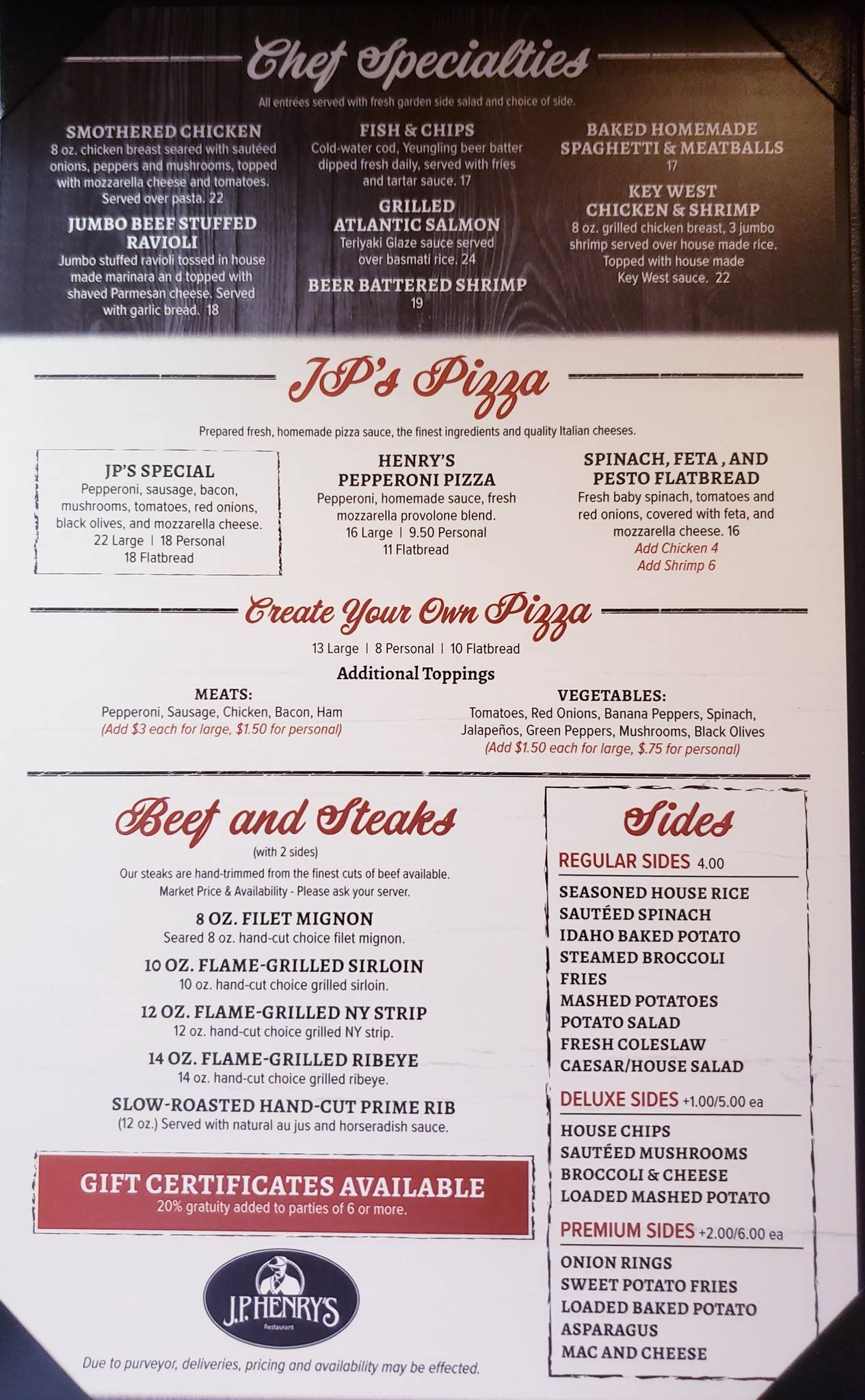 Menu at J.P. Henry's Restaurant, Parkersburg