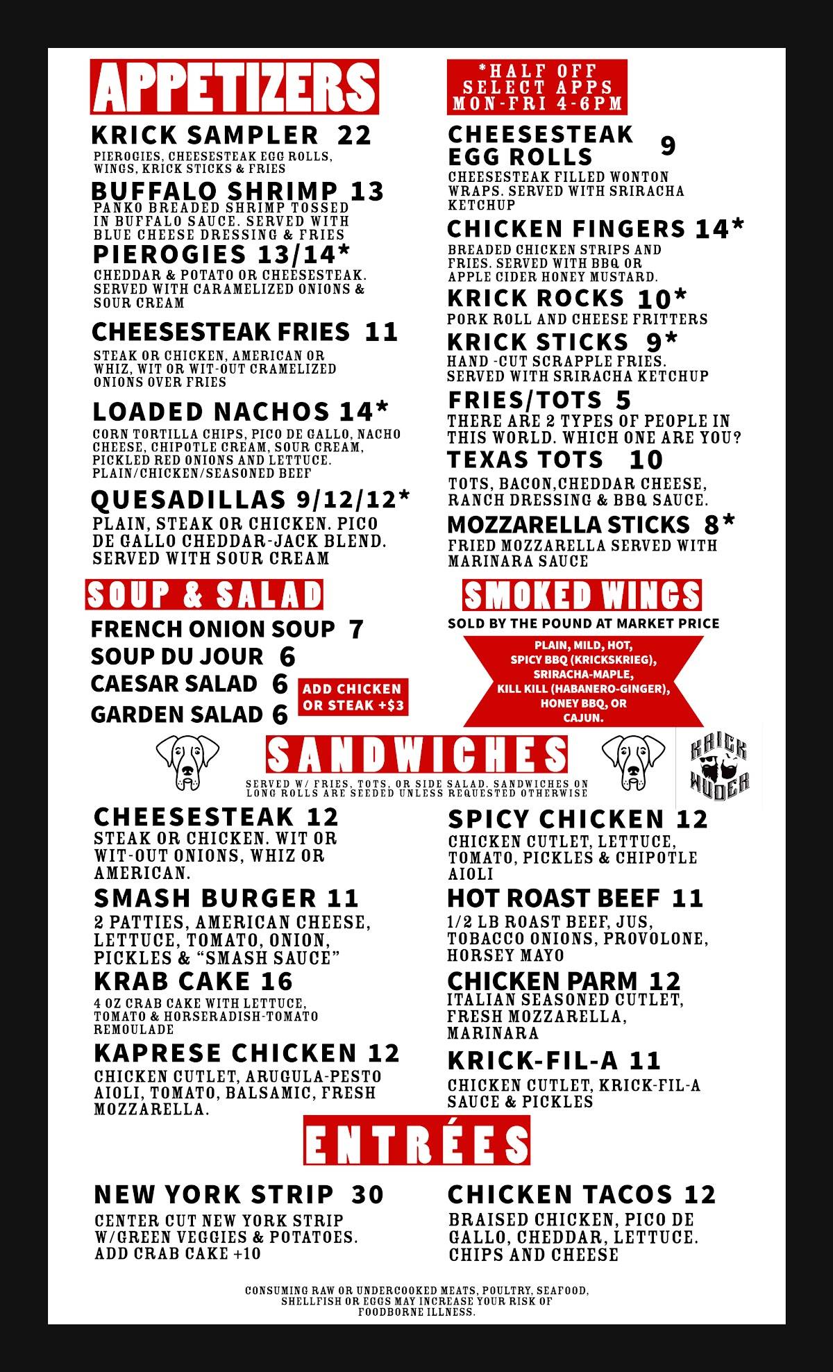 Menu at Krick Wuder Saloon and Restaurant, Philadelphia