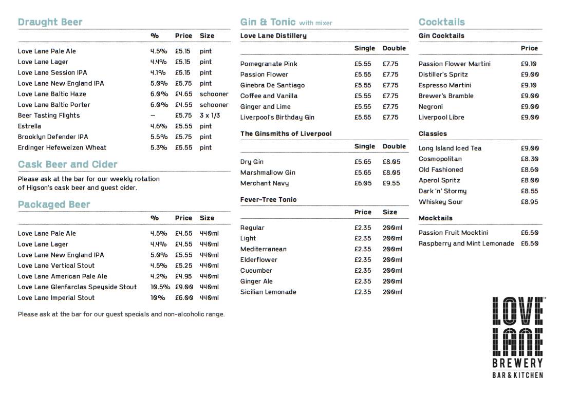 Menu at Love Lane Brewery, Bar and Kitchen, Liverpool, 62 Bridgewater St