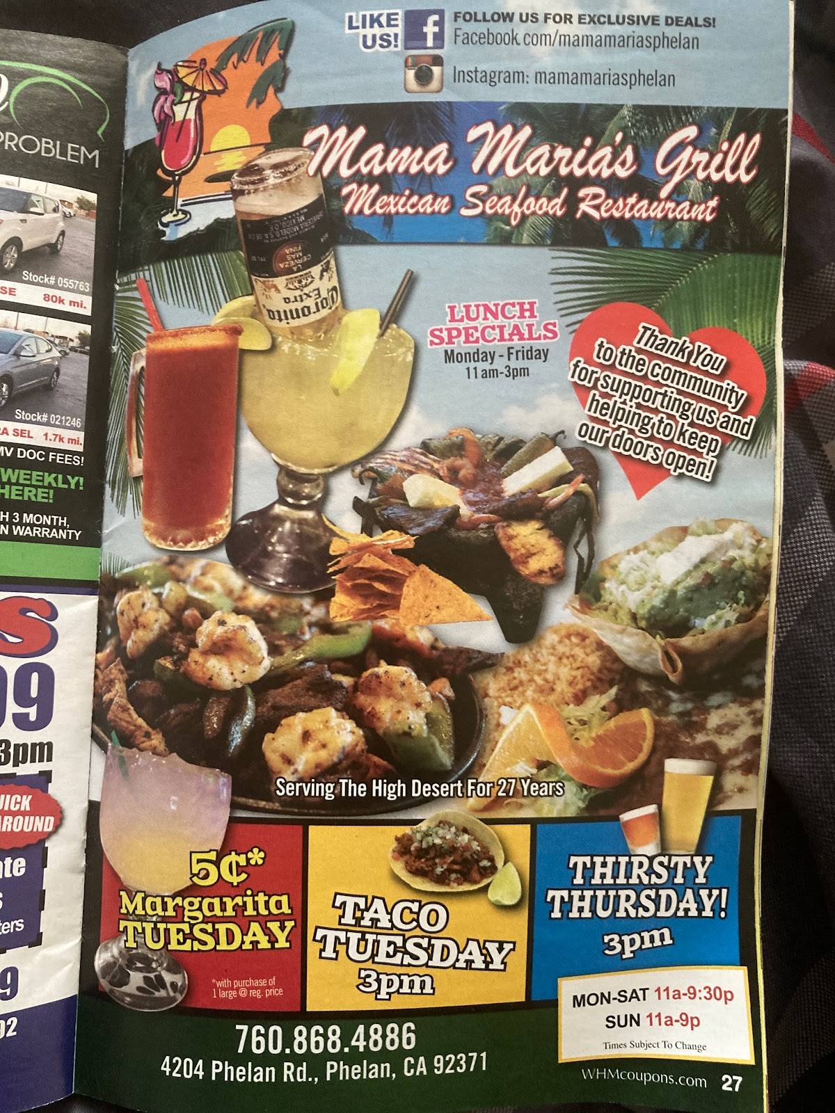 Menu at Mama Maria's Grill pub & bar, Phelan, 4204 Phelan Rd