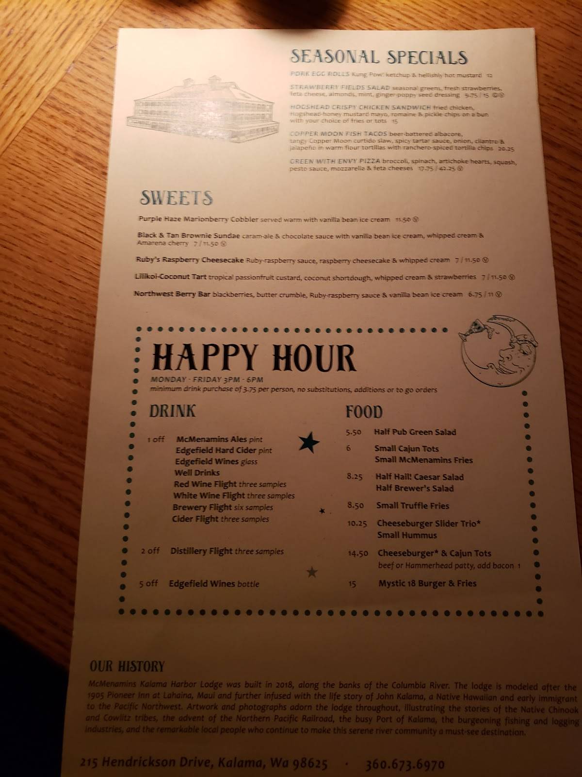 Menu at McMenamins Pub at Kalama Harbor Lodge, Kalama