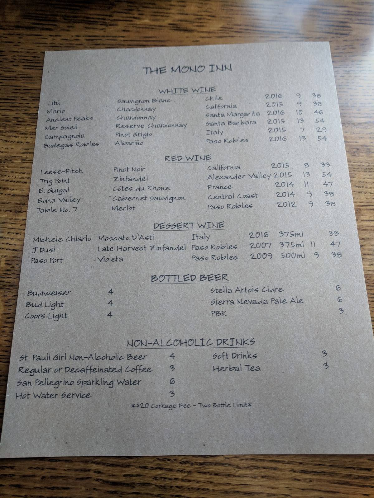 Menu at Mono Inn pub & bar, Lee Vining