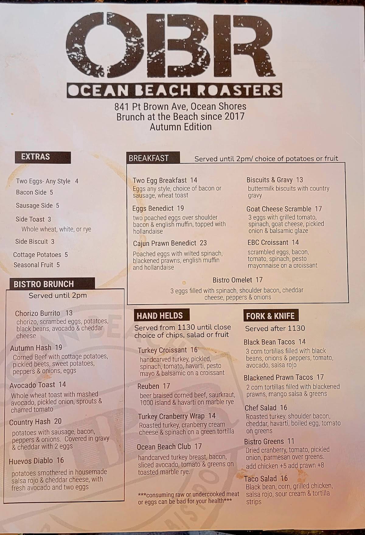 Menu at Ocean Beach Roasters pub & bar, Ocean Shores