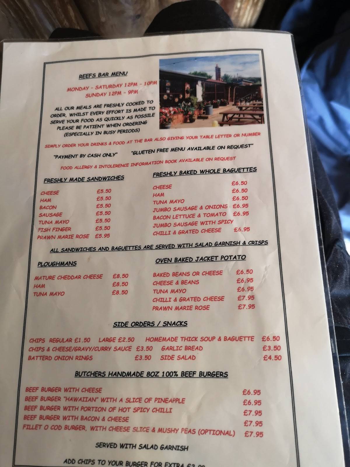 Menu at Reefs Bar, Sea Palling