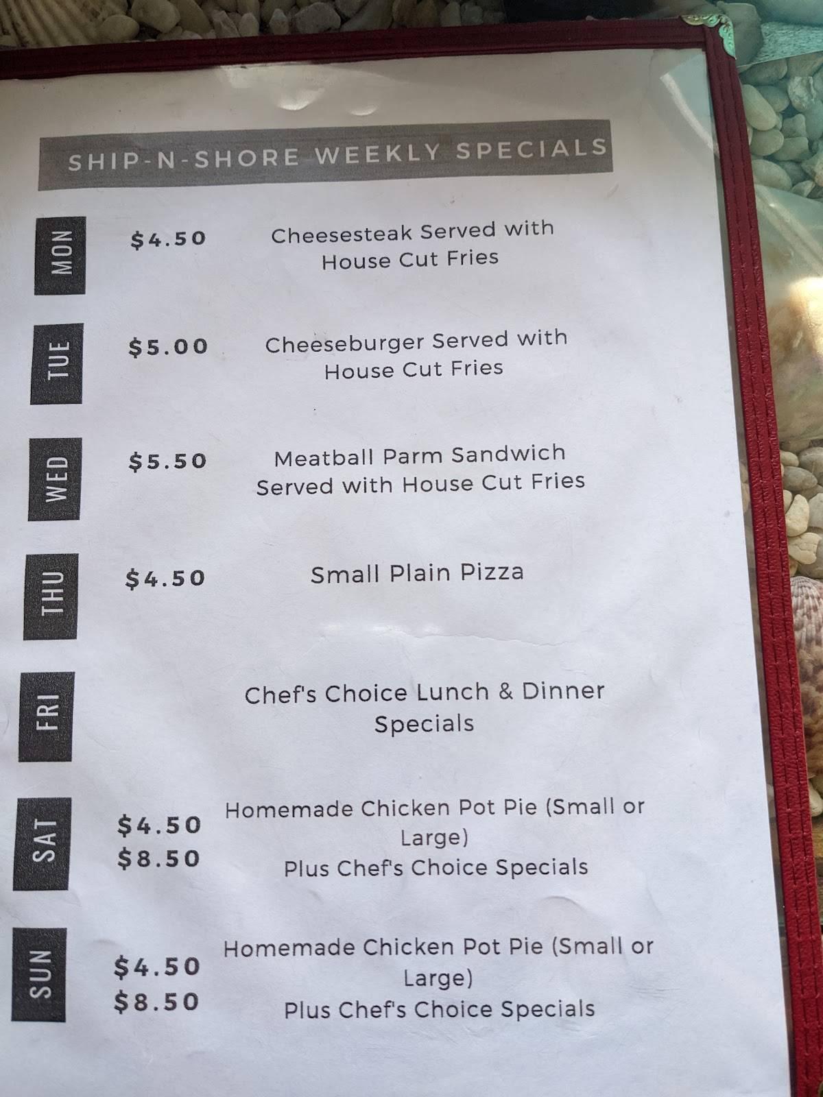 Menu at Ship 'N Shore Bar, Wildwood