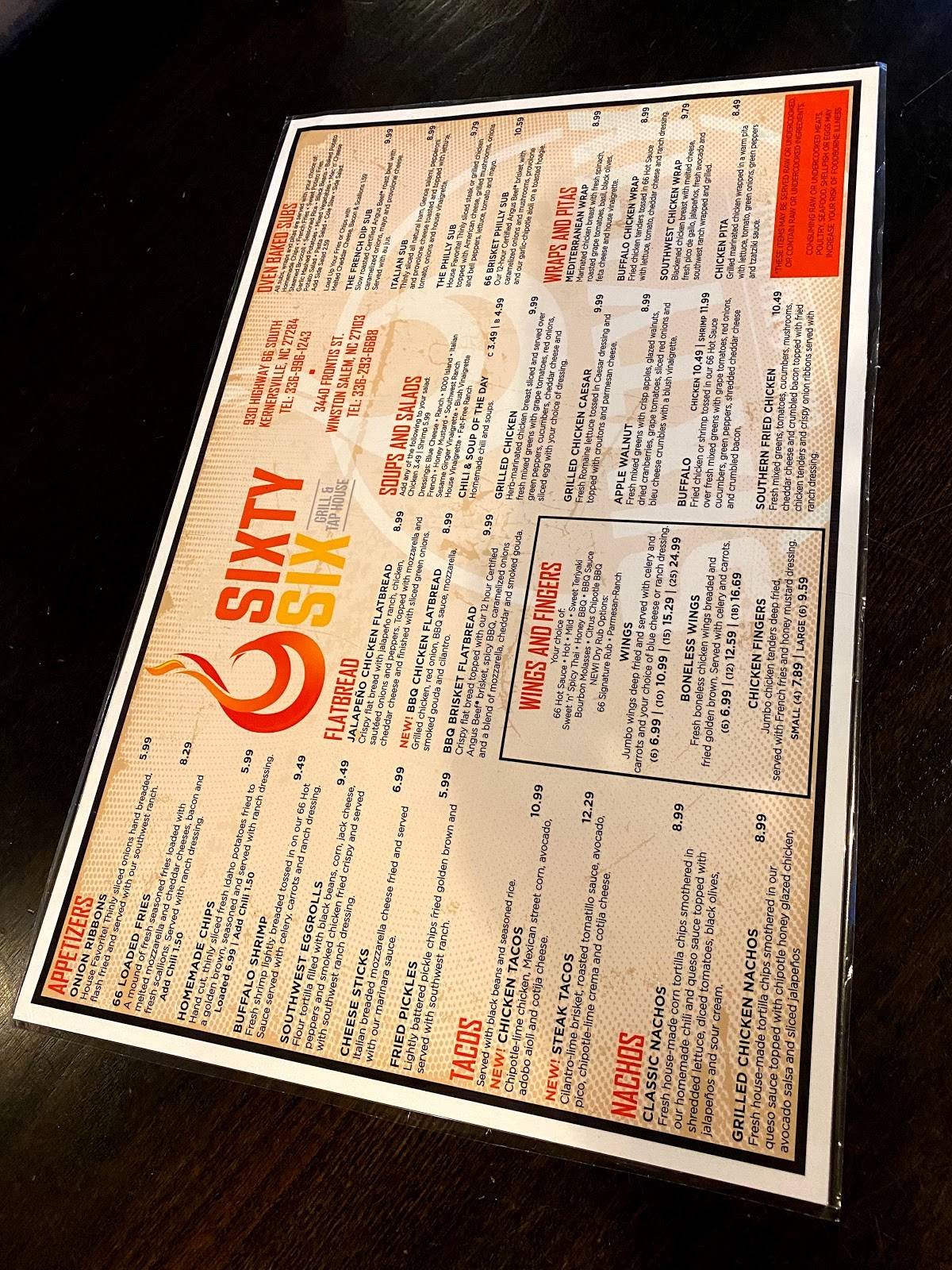 Menu at Sixty Six Grill and Taphouse pub & bar, Winston-Salem