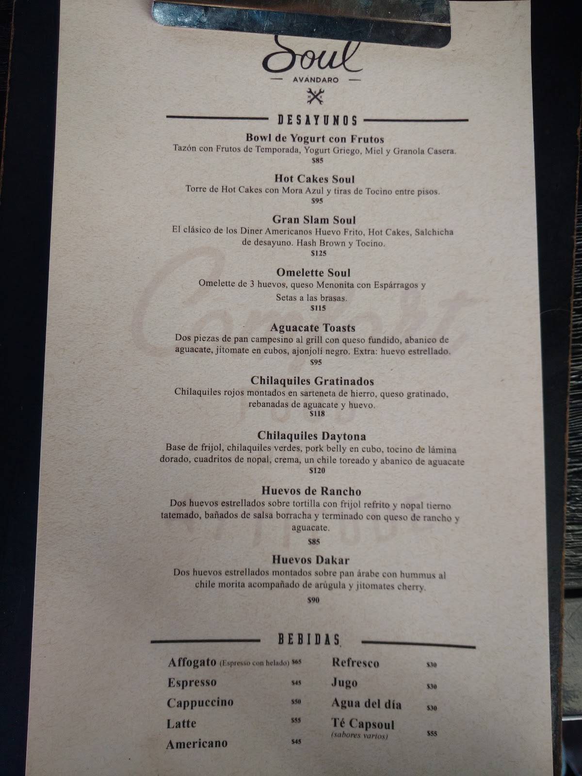 Carta del pub y bar Soul Avándaro, Valle del Bravo