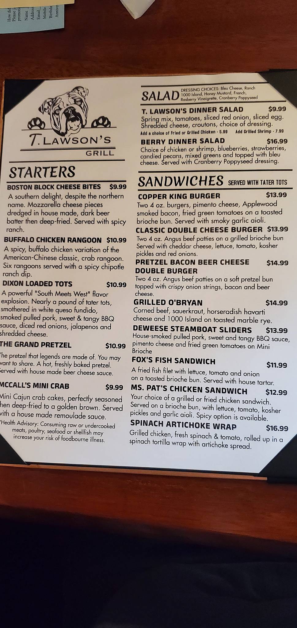 Menu at T Lawson’s Grill pub & bar, Grand Rivers