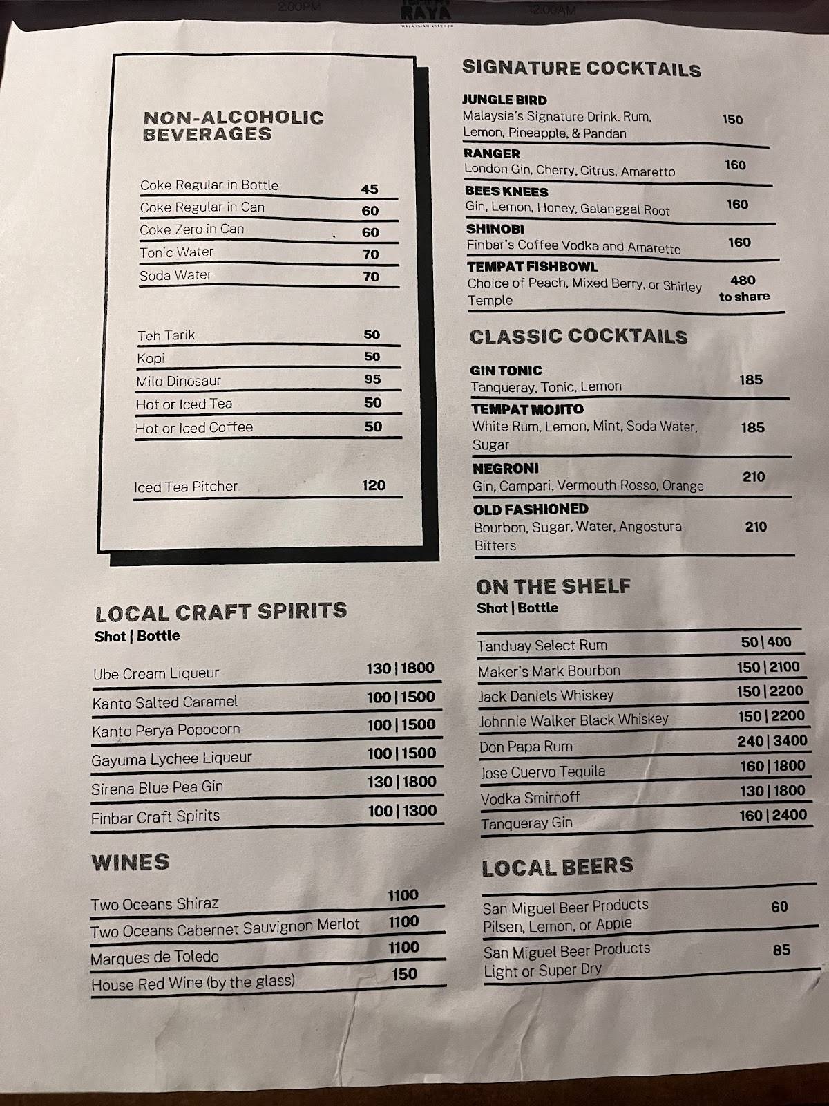 Menu at Tempat Raya Malaysian Kitchen pub & bar, Dumaguete