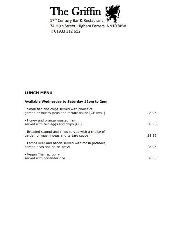 Menu at The Griffin Inn pub & bar, Rushden