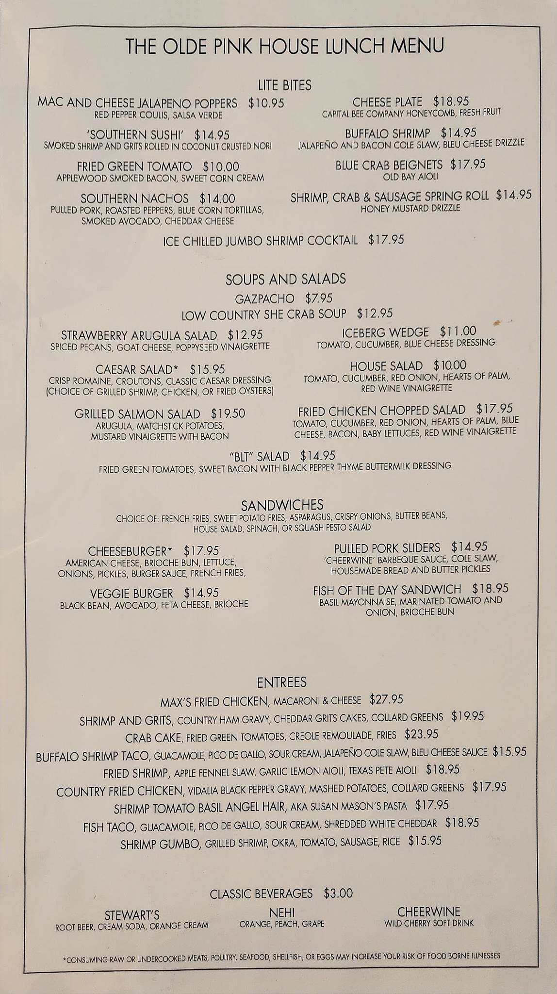 Menu at The Olde Pink House pub & bar, Savannah