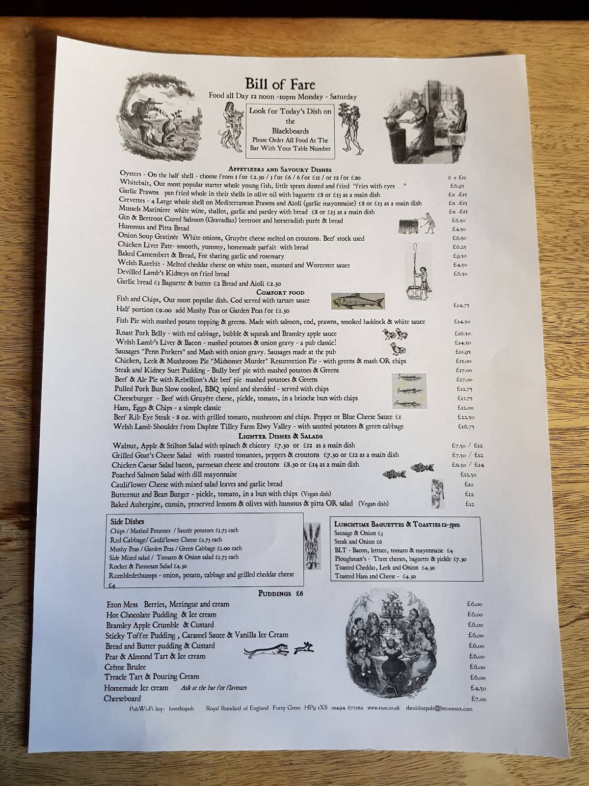 Menu at The Royal Standard of England pub & bar, Beaconsfield