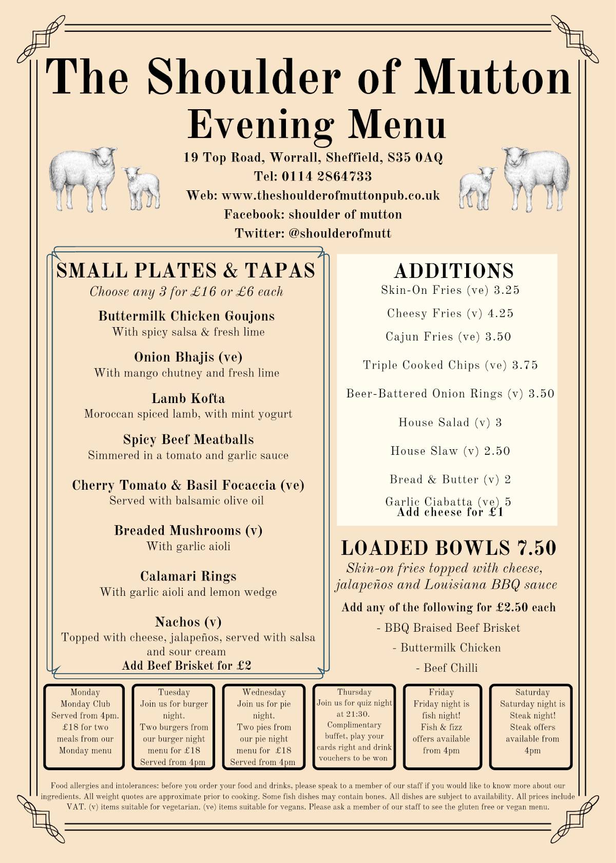 Menu at The Shoulder Of Mutton pub & bar, Sheffield, 19 Top Rd