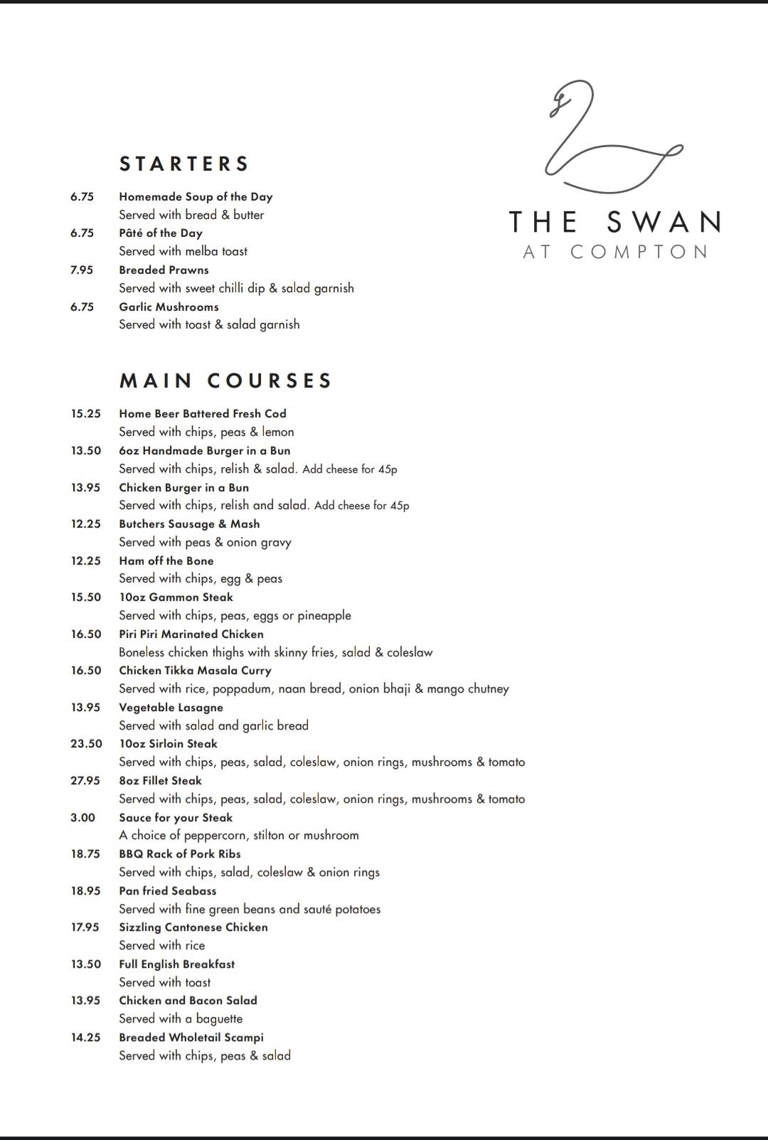 Menu at The Swan at Compton pub & bar, Compton