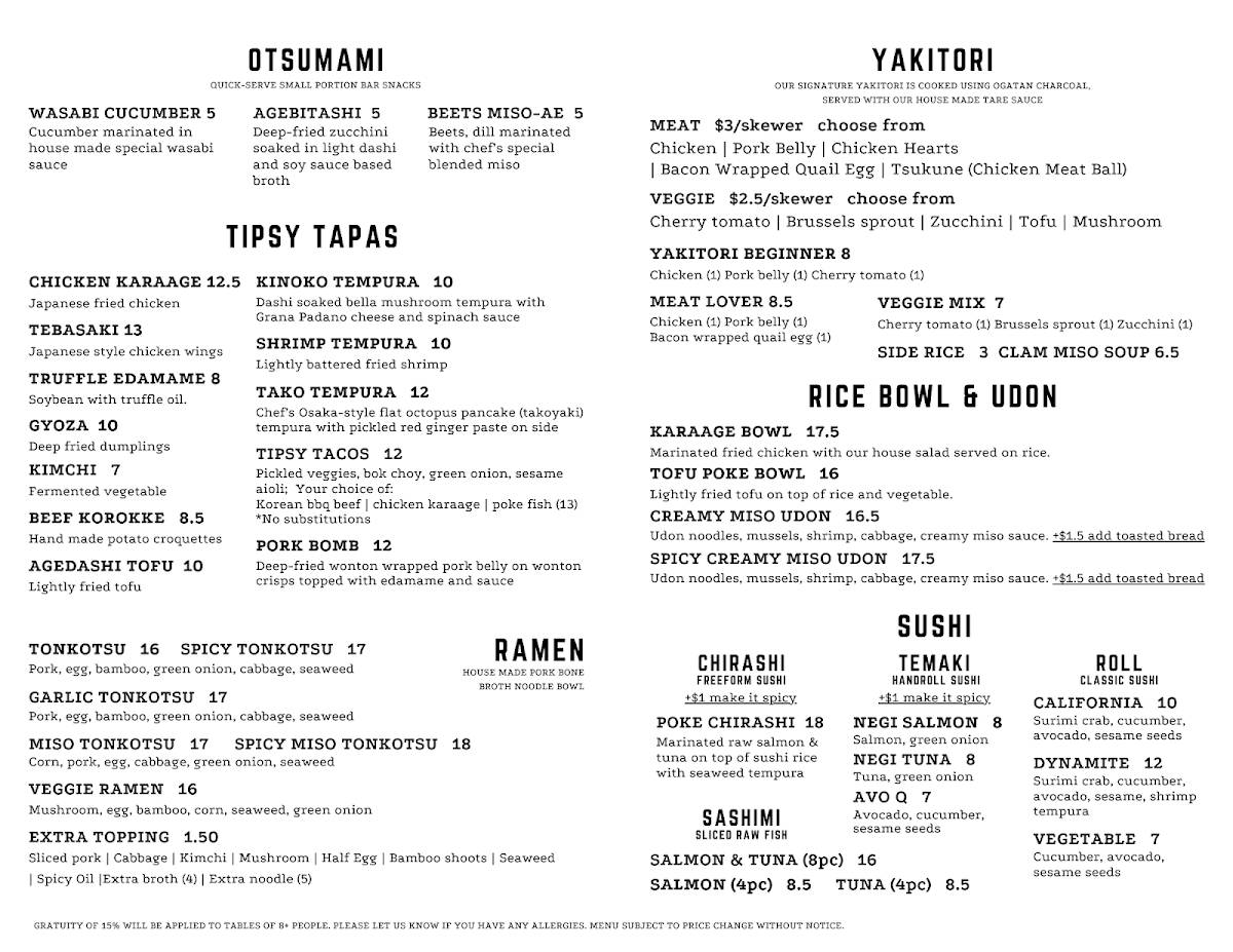 Menu at Tipsy Samurai Bar + Charcoal Grill, Regina
