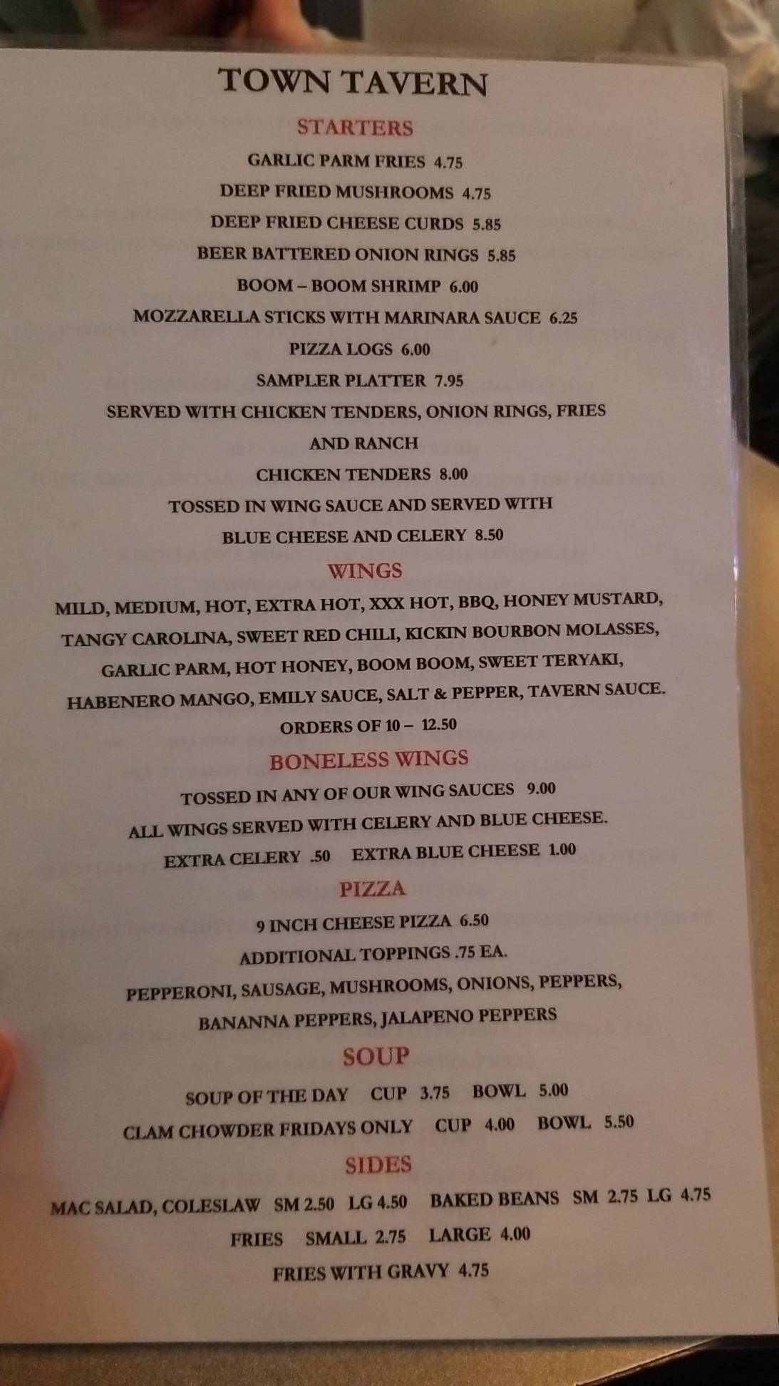Menu at Town Tavern pub & bar, Syracuse