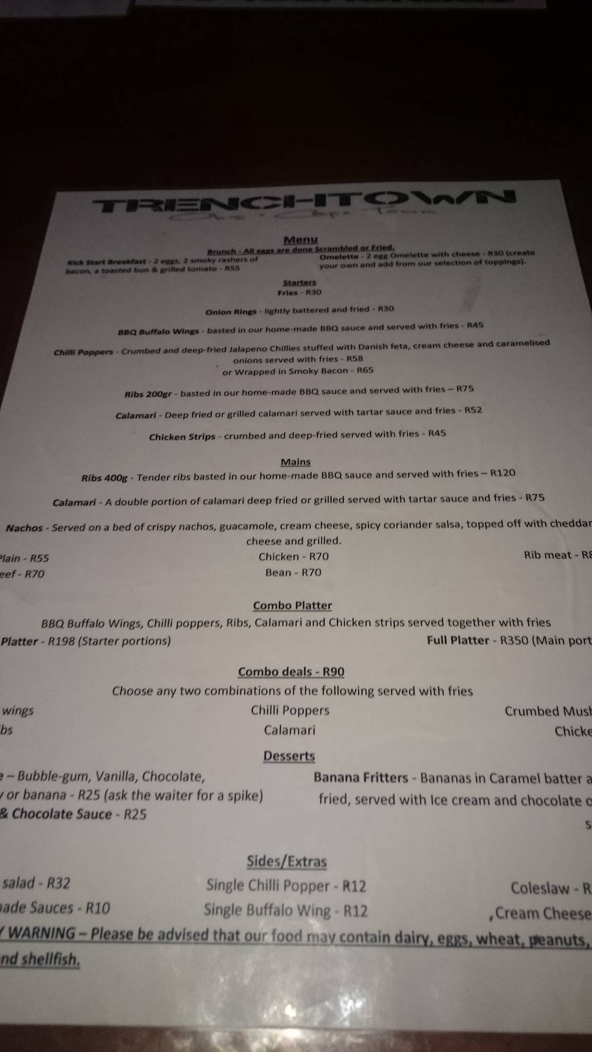 Menu at Trenchtown pub & bar, Cape Town