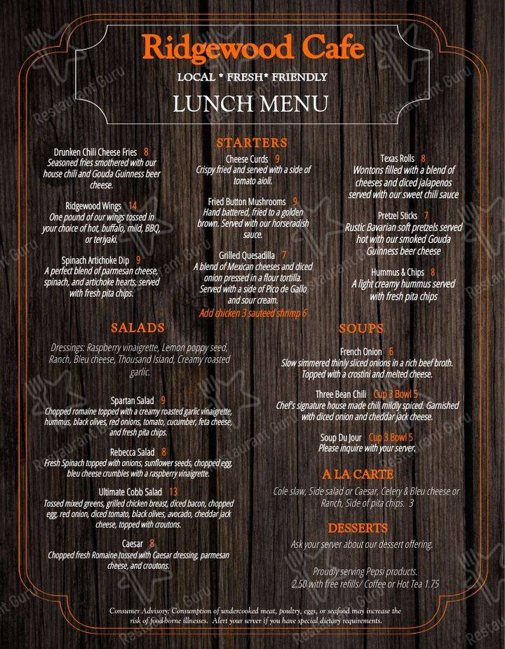Menu at The Ridgewood Cafe, Springfield, N Plum St