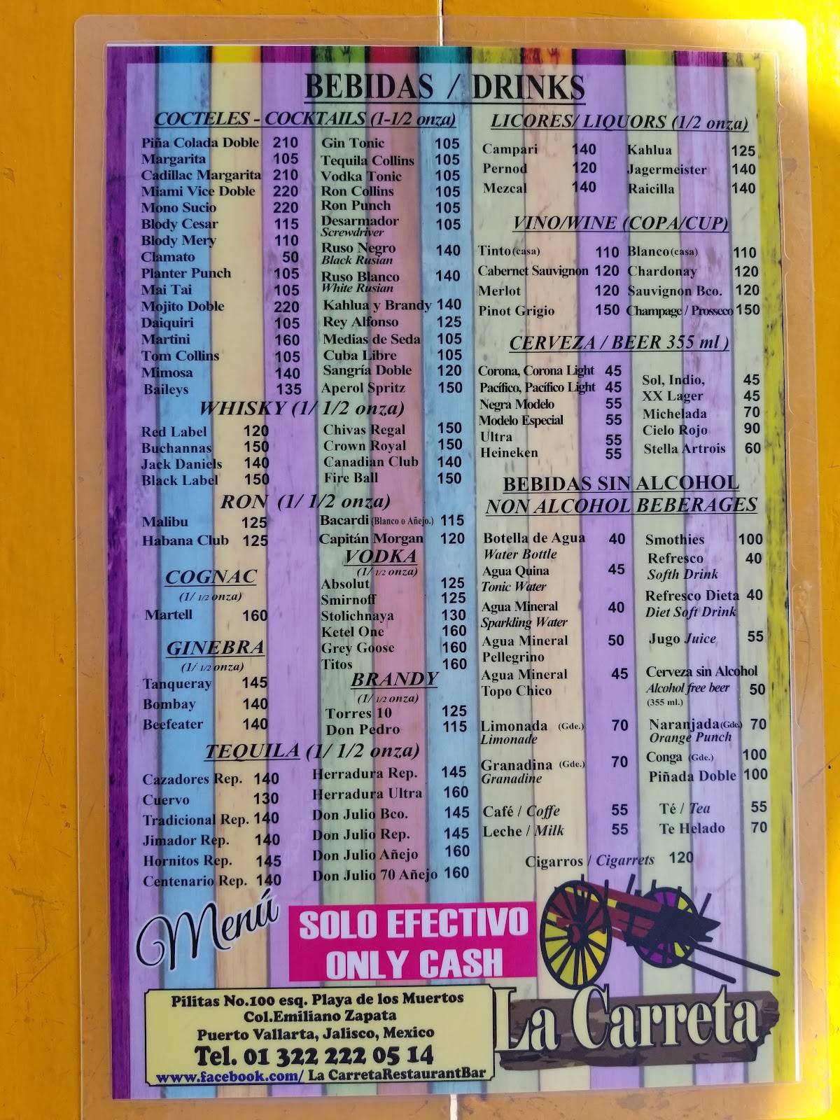 Carta del pub y bar La Carreta, Puerto Vallarta, Pilitas 100