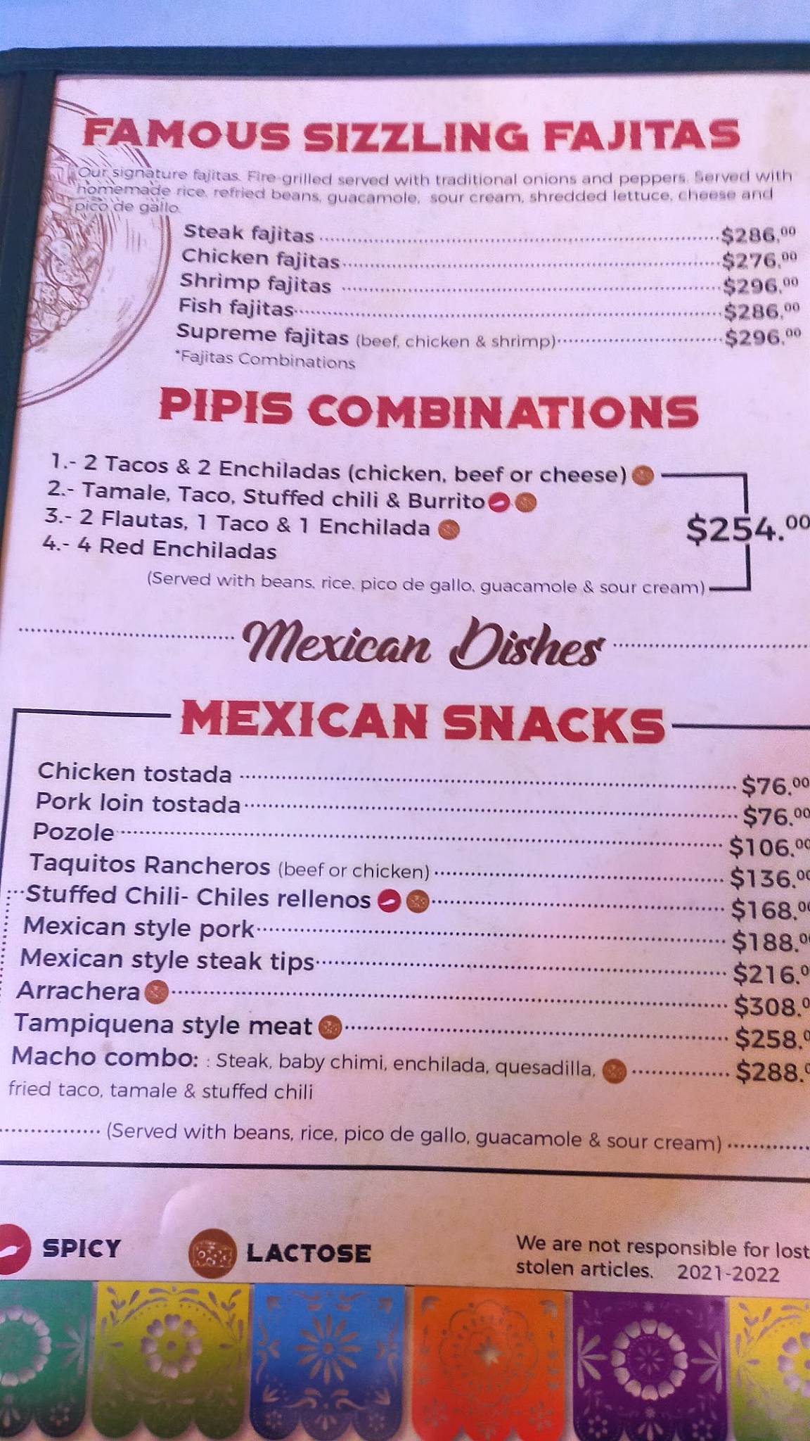 Menu at Pipis restaurant, Puerto Vallarta