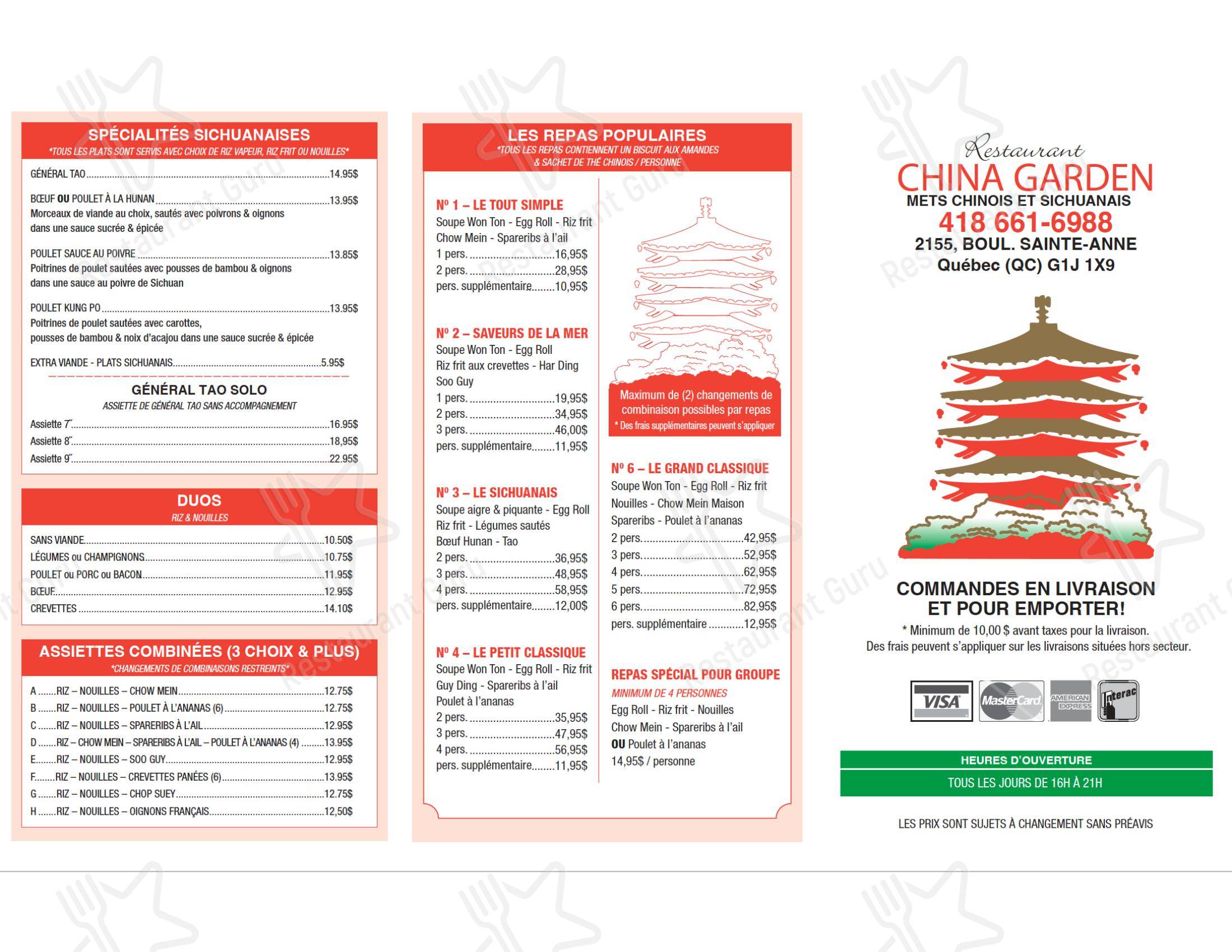 Menu au China Garden Inc. restaurant, Québec