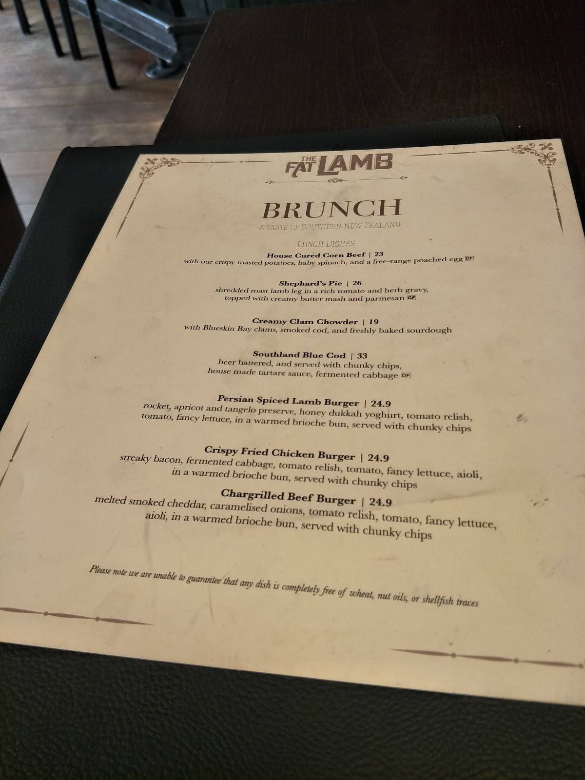 Menu at The Fat Lamb restaurant, Queenstown