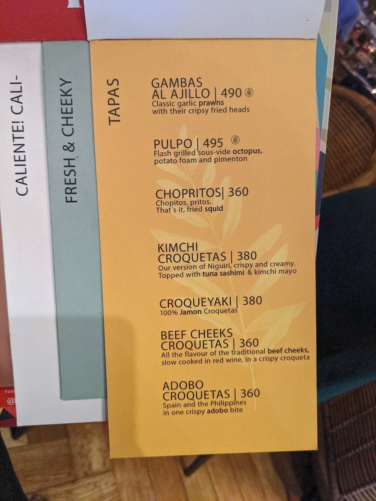 Menu at La Pícara Manila restaurant, Taguig